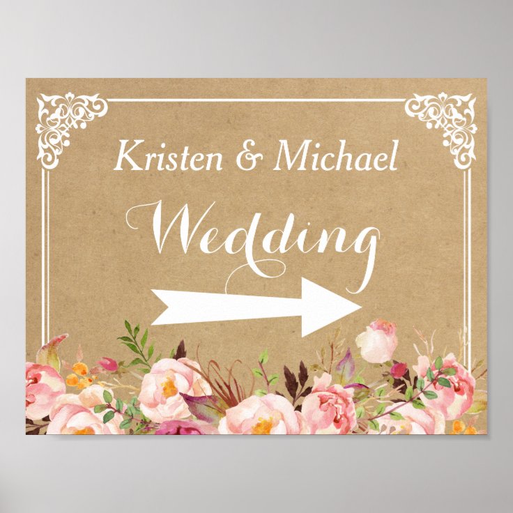 Rustic Floral Kraft | Wedding Direction Sign | Zazzle