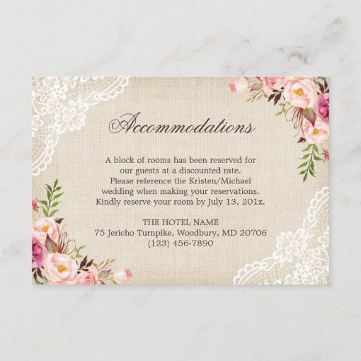 Rustic Floral Lace Burlap Reception Accommodation Enclosure Card | Zazzle