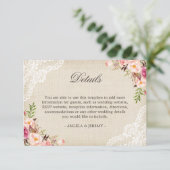 Rustic Floral Lace Burlap Wedding Details Enclosure Card | Zazzle