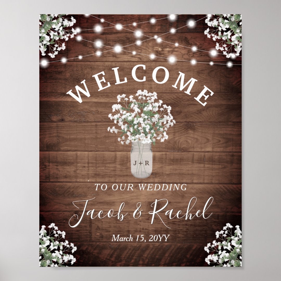 Rustic Floral Mason Jar Lights Welcome Wedding Poster | Zazzle