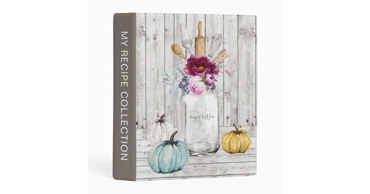 Rustic Floral Mason Jar Utensils Wood Name Recipe Mini Binder | Zazzle