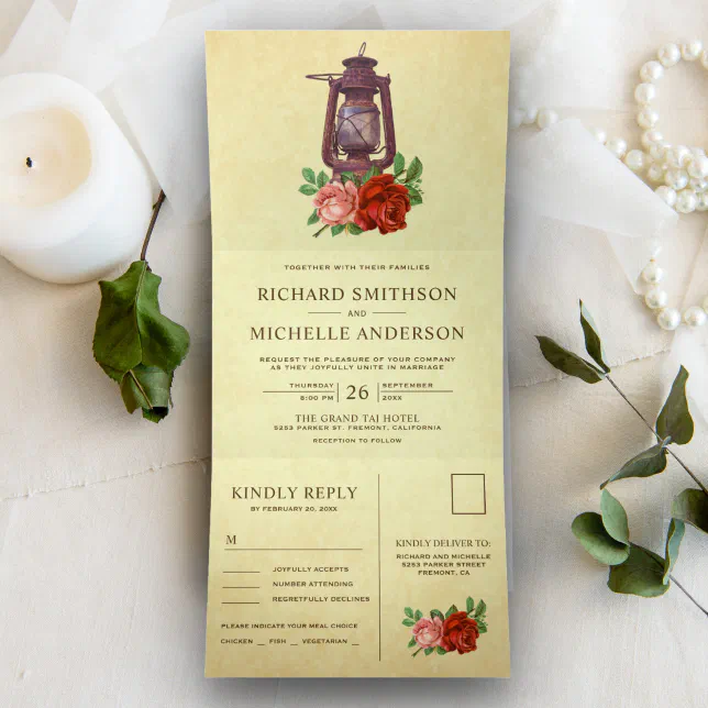 Rustic Floral Oil Lantern All in One Wedding Tri-Fold Invitation | Zazzle