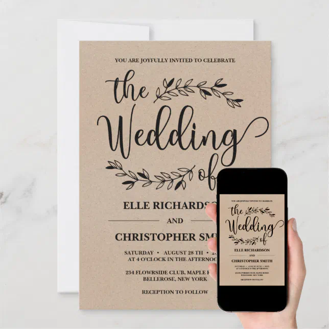 Rustic floral ornaments kraft paper wedding invitation | Zazzle