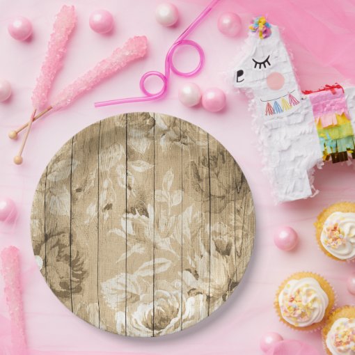 Rustic Floral Painted Wood Disposable Paper Plates | Zazzle