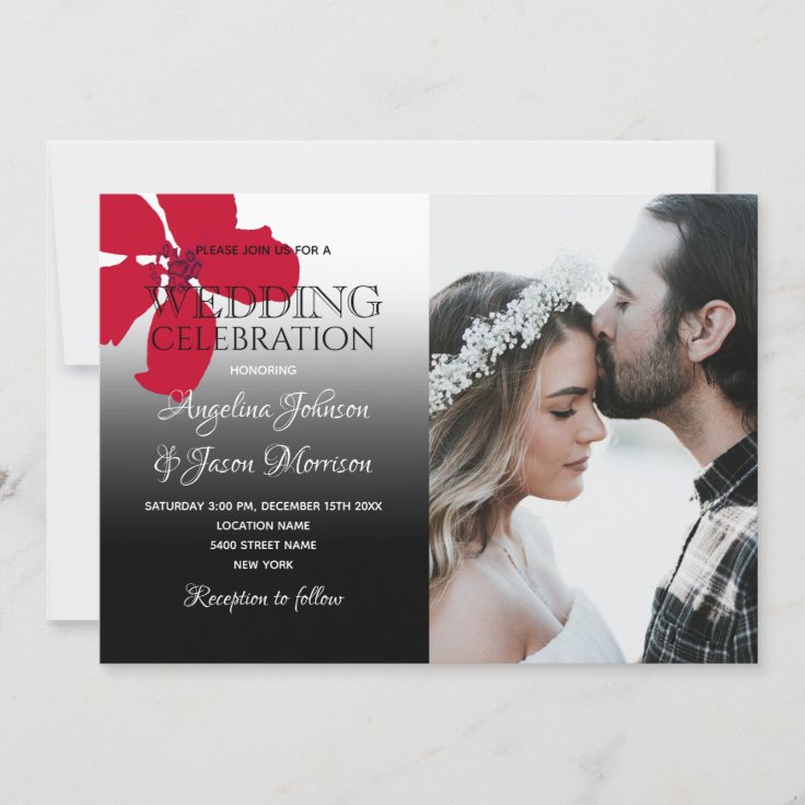 Rustic Floral Red Black and White Wedding Photo Invitation | Zazzle