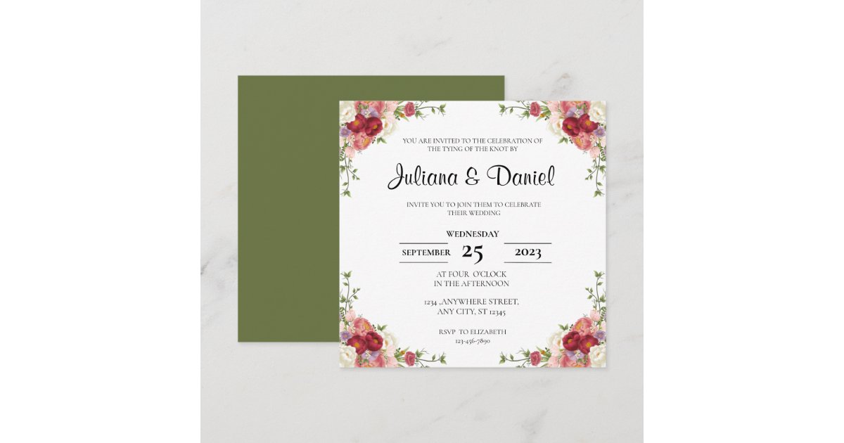 Rustic Floral Square Wedding Invitation | Zazzle