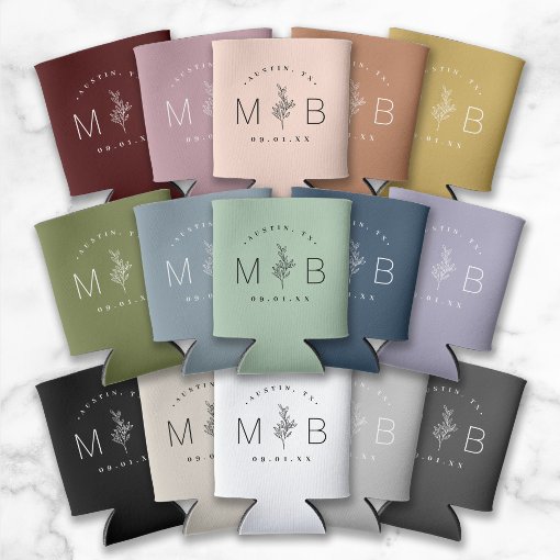 Rustic Floral Stem Wedding Monogram | Mauve Can Cooler | Zazzle