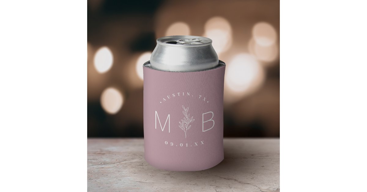 Rustic Floral Stem Wedding Monogram | Mauve Can Cooler | Zazzle