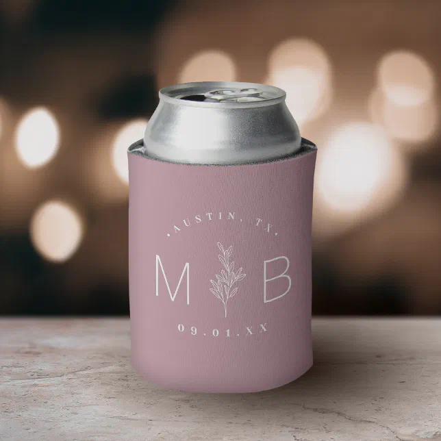 Rustic Floral Stem Wedding Monogram | Mauve Can Cooler | Zazzle