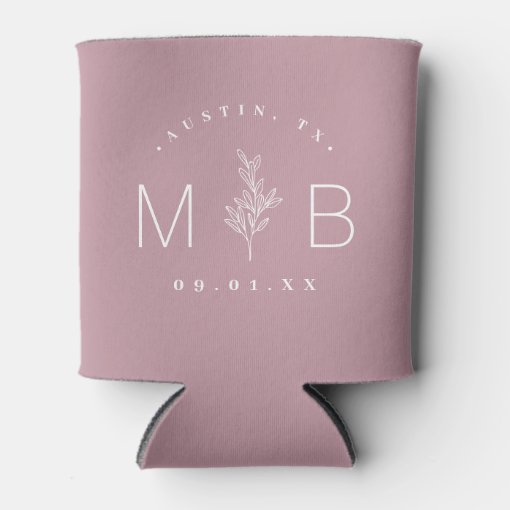 Rustic Floral Stem Wedding Monogram | Mauve Can Cooler | Zazzle