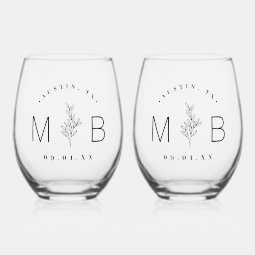 Rustic Floral Stem Wedding Monogram Stemless Wine Glass | Zazzle