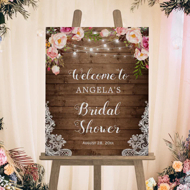 Rustic Floral String Light Lace Bridal Shower Sign | Zazzle