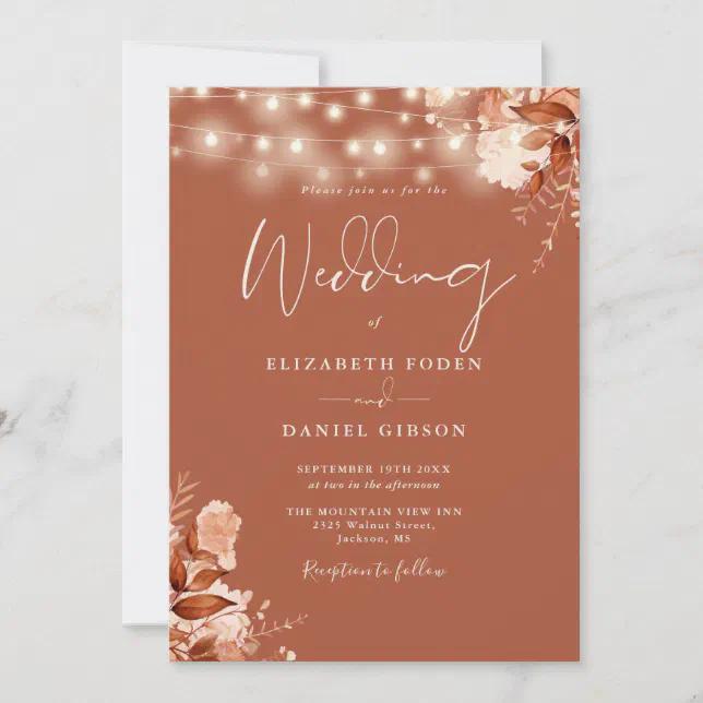 Rustic Floral String Light Terracotta Fall Wedding Invitation | Zazzle