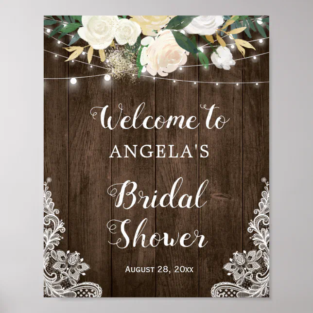 Rustic Floral String Lights Bridal Shower Sign | Zazzle