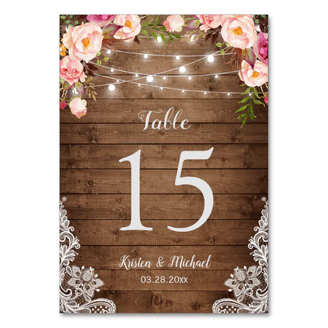 Rustic Floral String Lights Wedding Table Number | Zazzle
