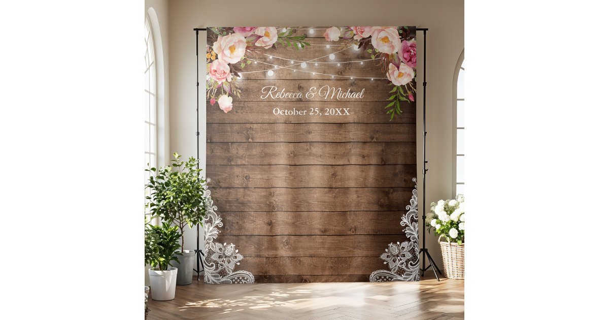 Rustic Floral String Lights Wood Wedding Backdrop | Zazzle