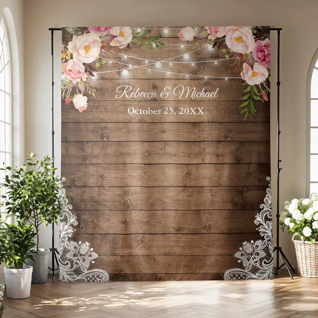 Rustic Floral String Lights Wood Wedding Backdrop | Zazzle