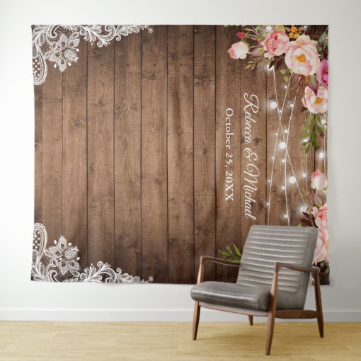 Rustic Floral String Lights Wood Wedding Backdrop | Zazzle