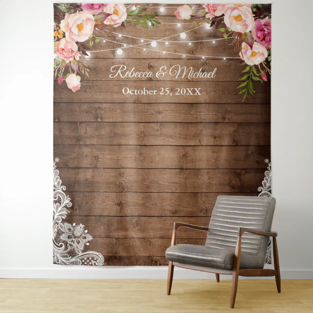 Rustic Floral String Lights Wood Wedding Backdrop | Zazzle