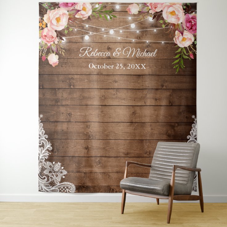 Rustic Floral String Lights Wood Wedding Backdrop | Zazzle