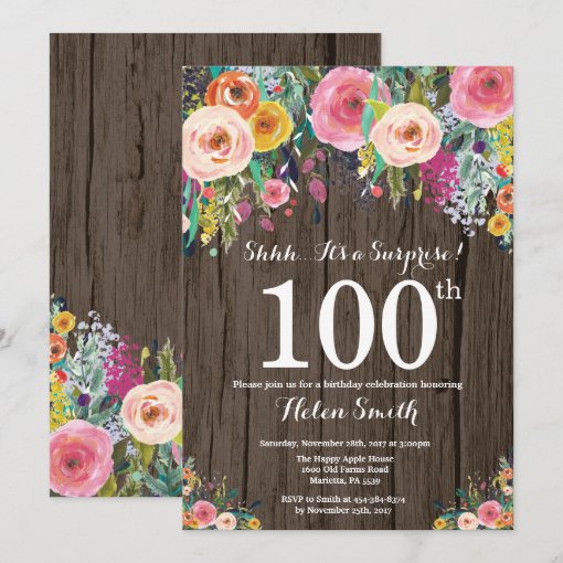 Rustic Floral Surprise 100th Birthday Invitation | Zazzle