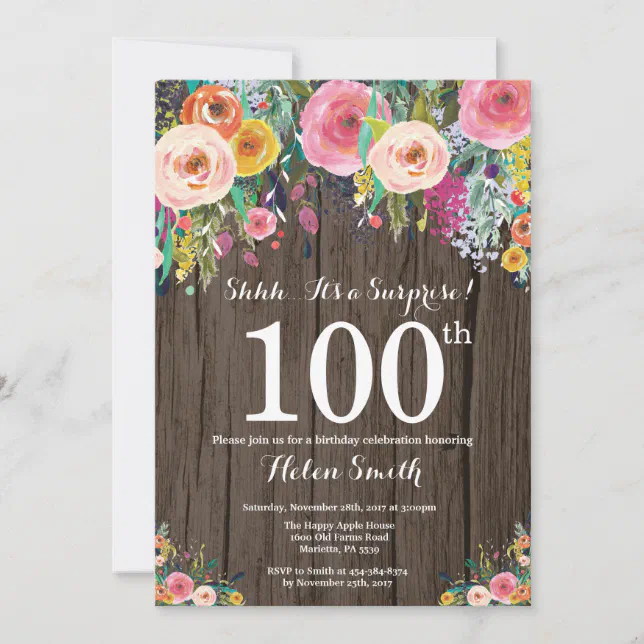 Rustic Floral Surprise 100th Birthday Invitation | Zazzle