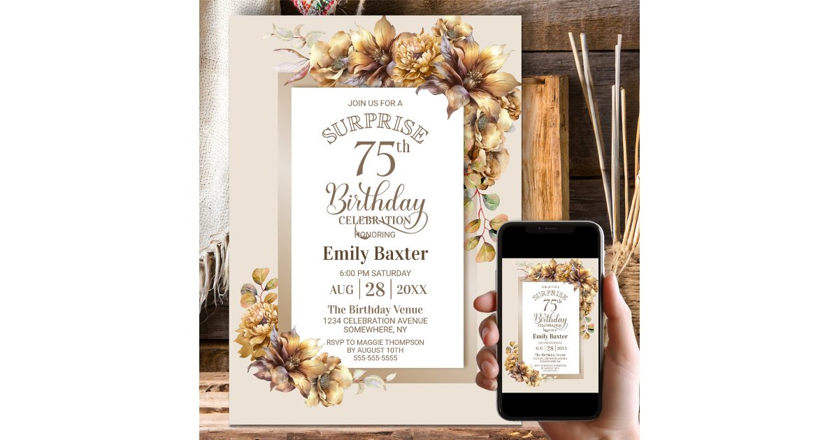 Rustic Floral Surprise 75th Birthday Party Invitation | Zazzle