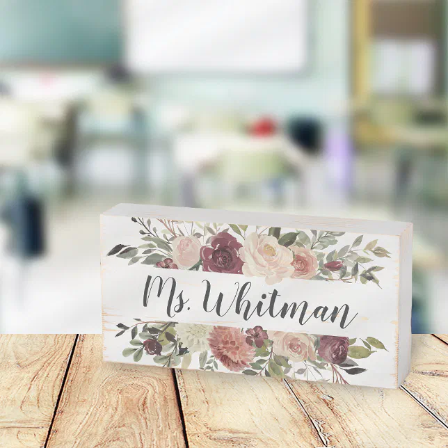 Rustic Floral Teacher Name Classroom Wooden Box Sign | Zazzle