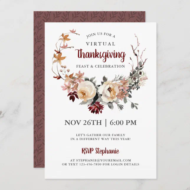 Rustic Floral Virtual Thanksgiving Dinner Invitation | Zazzle