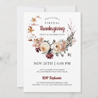 Rustic Floral Virtual Thanksgiving Dinner Invitation | Zazzle