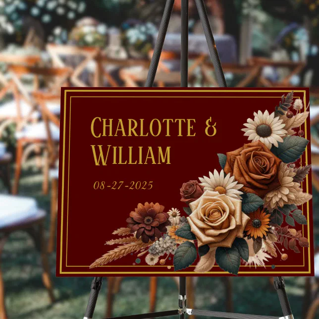Rustic Floral Wedding Burgundy Sign | Zazzle