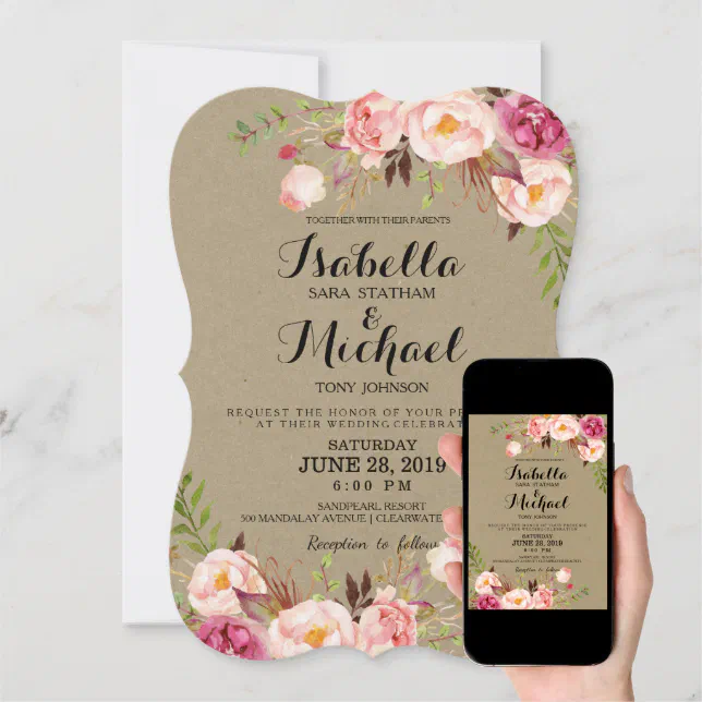 Rustic Floral Wedding Invitation/kraftpaperprintbg Invitation | Zazzle