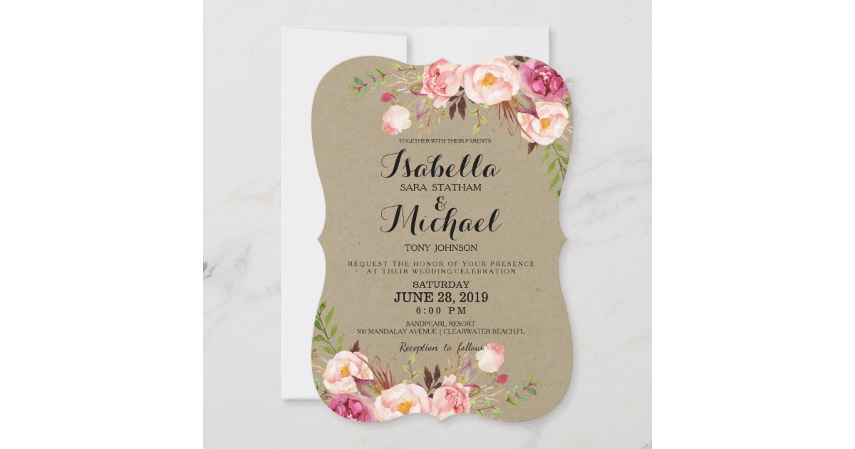 Rustic Floral Wedding Invitation/kraftpaperprintbg Invitation | Zazzle