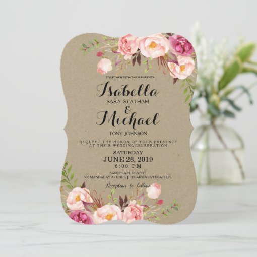 Rustic Floral Wedding Invitation/kraftpaperprintbg Invitation | Zazzle
