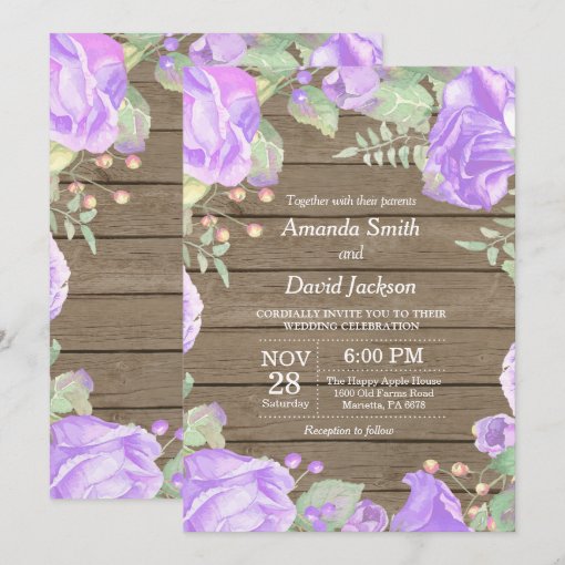 Rustic Floral Wedding Invitation Purple Watercolor | Zazzle