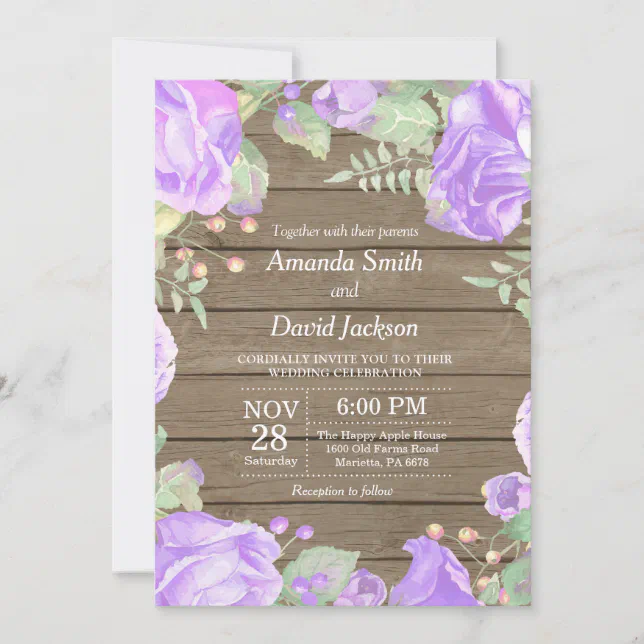 Rustic Floral Wedding Invitation Purple Watercolor | Zazzle