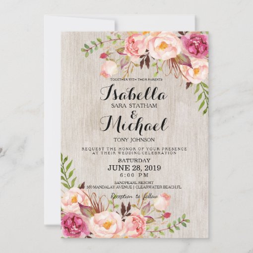 Rustic Floral Wedding Invitation/Watercolor bg Invitation | Zazzle