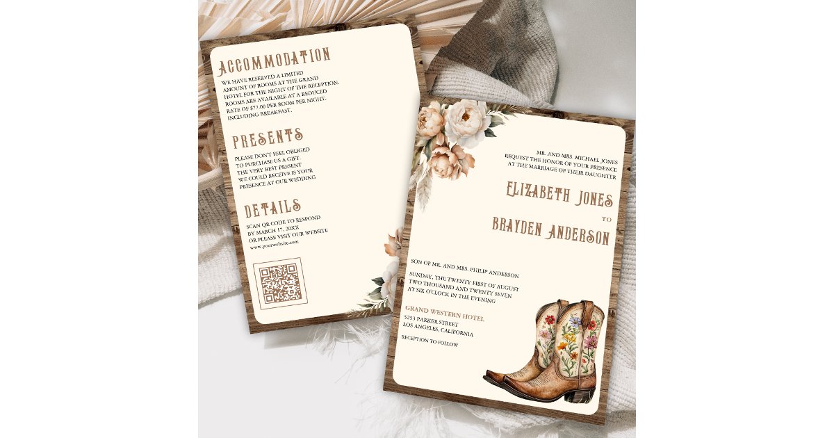 Rustic Floral Western Cowboy Boots QR Code Wedding Invitation | Zazzle