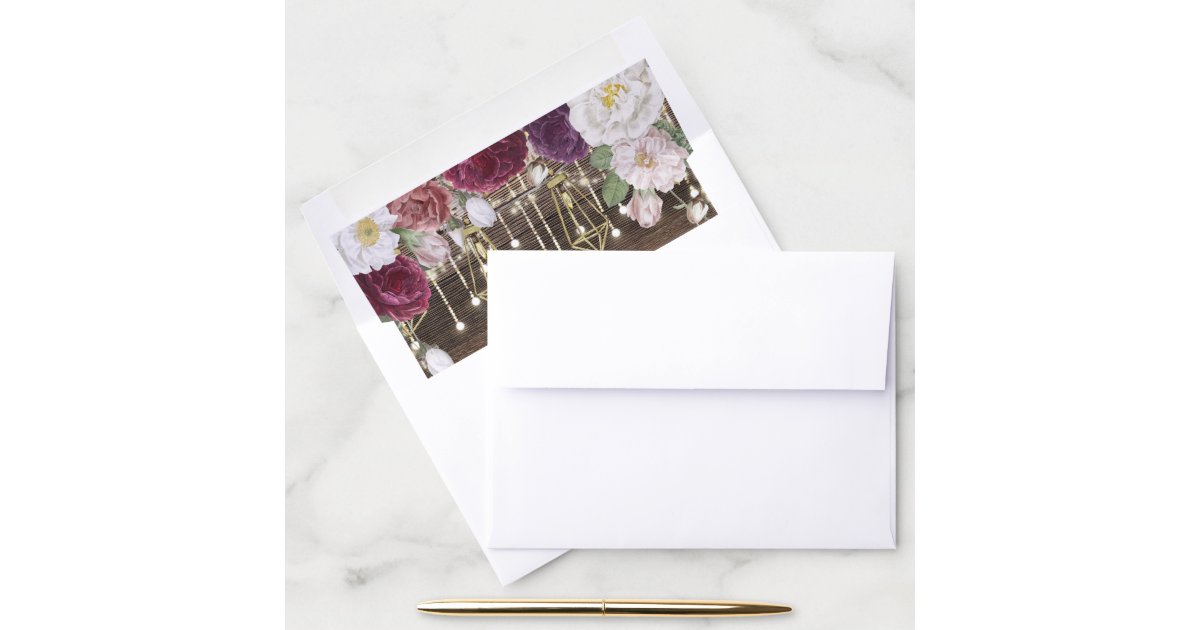 Rustic Floral Wood String lights Wedding with lace Envelope Liner | Zazzle