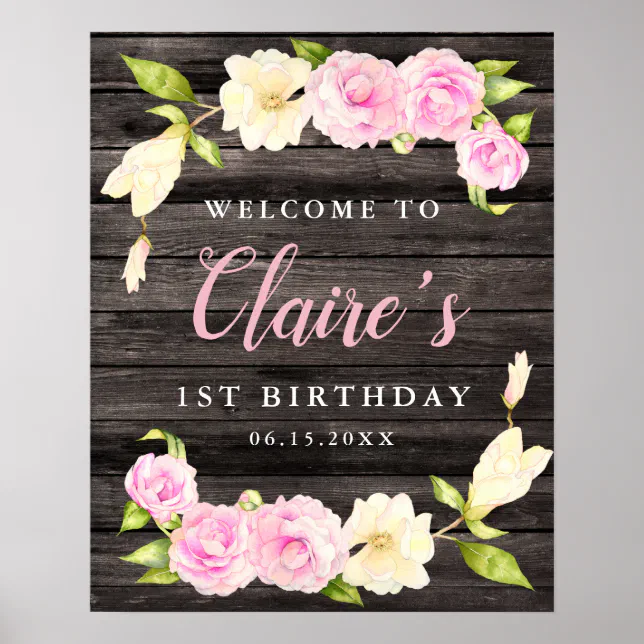 Rustic Floral Wreath Girls Birthday Party Sign | Zazzle