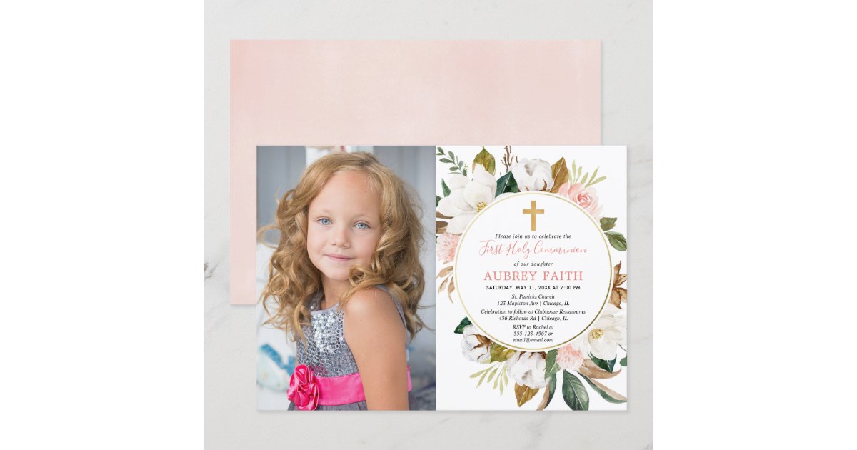 Rustic floral wreath pink first communion photo invitation | Zazzle