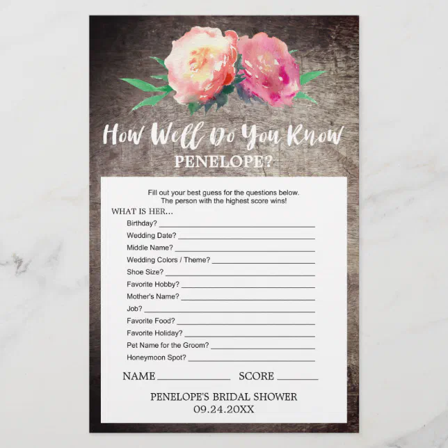 Rustic Flower How Well Do You Know The Bride Game | Zazzle