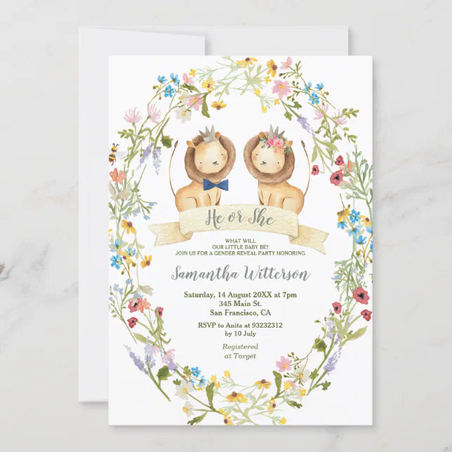 Rustic Flowers He or She Lion Gender Reveal Invitation | Zazzle