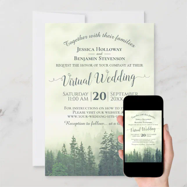 Rustic Foggy Green Pine Forest Virtual Wedding Invitation | Zazzle