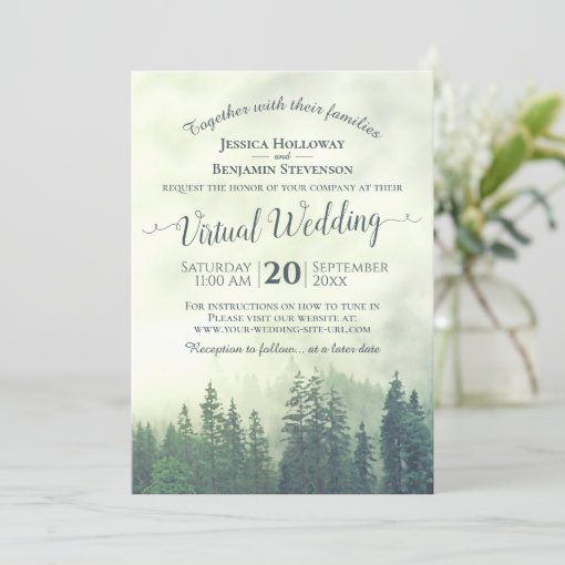 Rustic Foggy Green Pine Forest Virtual Wedding Invitation | Zazzle