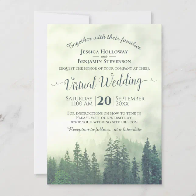 Rustic Foggy Green Pine Forest Virtual Wedding Invitation | Zazzle