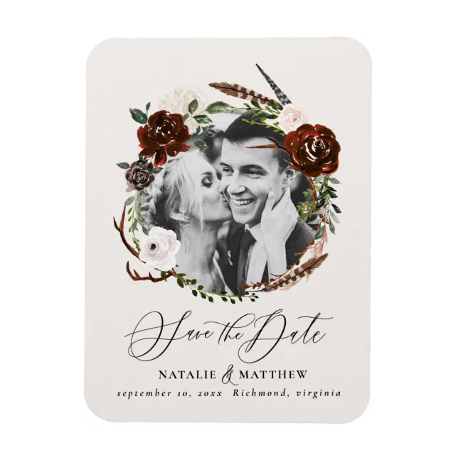 Rustic foliag, burgundy floral photo wedding magnet | Zazzle