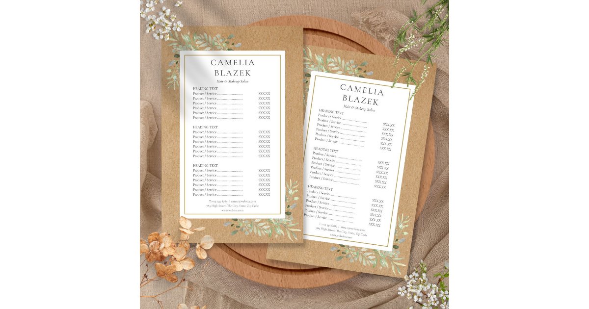 Rustic Foliage 2 Sided Service Menu Price List Flyer | Zazzle