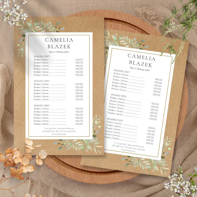 Rustic Foliage 2 Sided Service Menu Price List Flyer | Zazzle