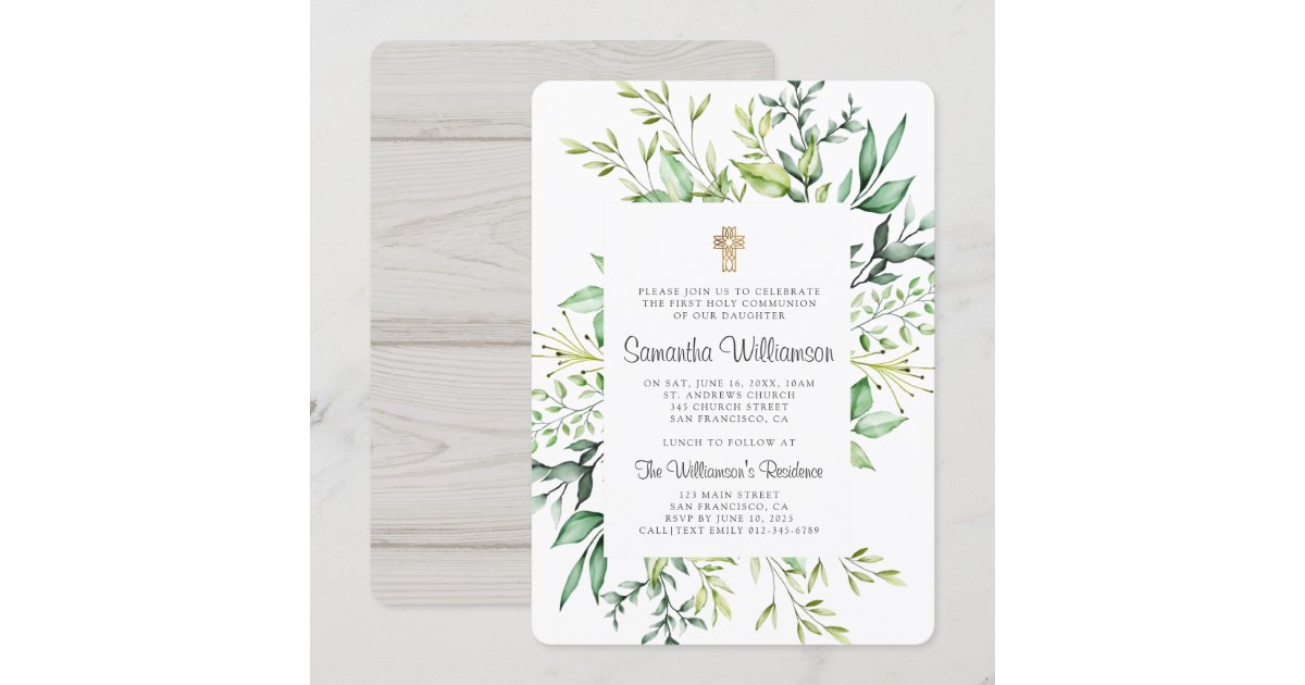 Rustic Foliage Cross First Communion Invitation | Zazzle